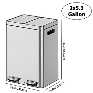 Kitchen Trash Can, 2x5.3 Gallon Garbage Can, Stainless Steel Waste Bins for Recycling and Trash, 2 Compartments with Removable Inner Buckets, Step On Pedal, Quite-Close Lid, Silver