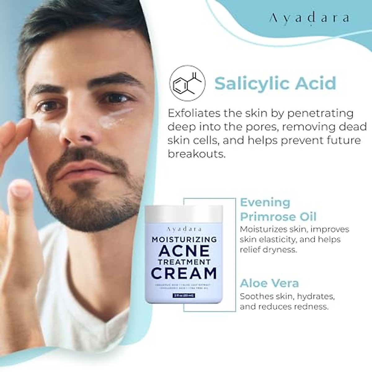 Moisturizing Acne Treatment Cream, Salicylic Acid Face Moisturizer for Oily & Acne Prone Skin, Pimple, Blackhead, Whitehead, Hormonal, & Cystic Acne Treatment for Men, Women, 90-Day Supply by Ayadara