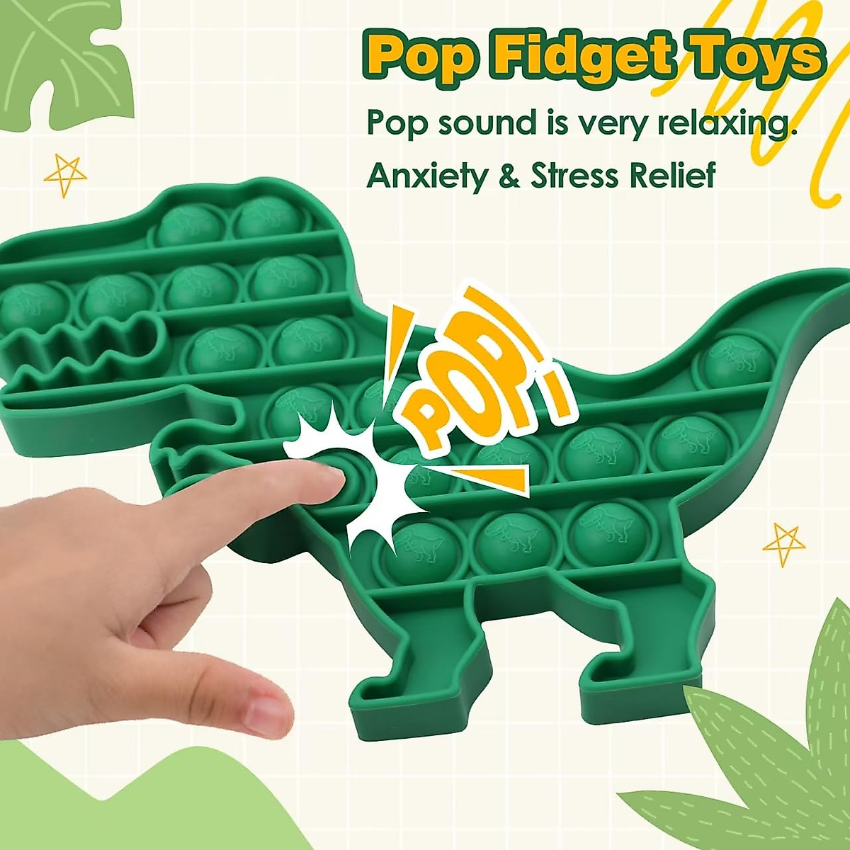 Pop Fidget Toys for Kids, Fidget Poppers Toys Sensory Squeeze Bubble Popping Toys for Toddlers, Silicone Animal Dinosaur Pop Anxiety and Stress Relief It for Boy Girls (Green Dinosaur)