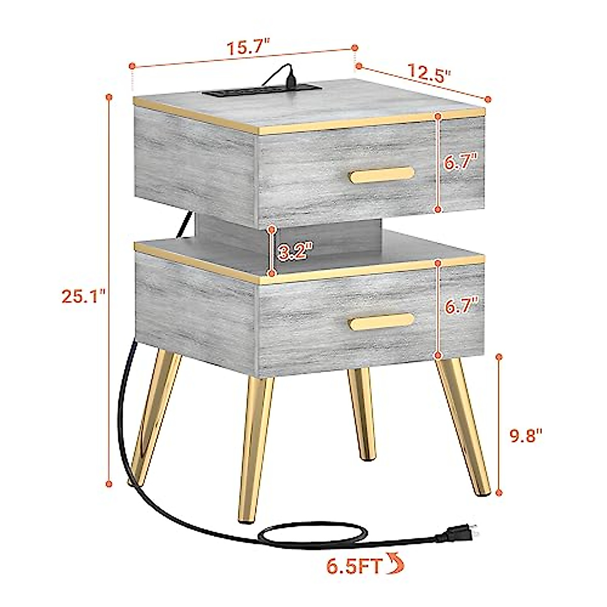 Cyclysio Night Stand with Charging Station, Modern Nightstand Bedside Tables with Led Lights, Bed Side Table Night Stand with Drawers for Bedroom and Sofa Side, 25'' Tall, White Oak Wood Finish