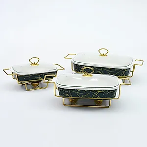 HONHPD 3PCS Rectangular Porcelain Casserole Warming Trays for Food, Ceramics Chafers, and Buffet Warmers Sets, Ceramics Chafing Dish Buffet Set, Green Marble Finish (11inch.13inch.15inch）