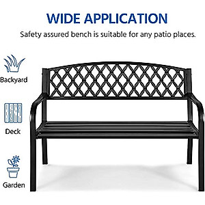 Metal Garden Park Bench,50in Powder Coated Iron Steel Frame Patio Bench wCross Design Backrest & Slatted Seat,Exquisite Grid Embellishment Patio Metal Bench for Front Porch Yard Lawn Deck,Black