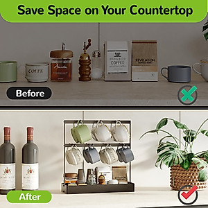 Coffee Mug Holder with Hooks, 14 Capacity Coffee Cup Holder for Countertop, 2 Tier Mug Tree Holder Rack with Storage Base for Coffee Pod, Sugar Bags, Paper Cups, Gifts for Coffee Lover