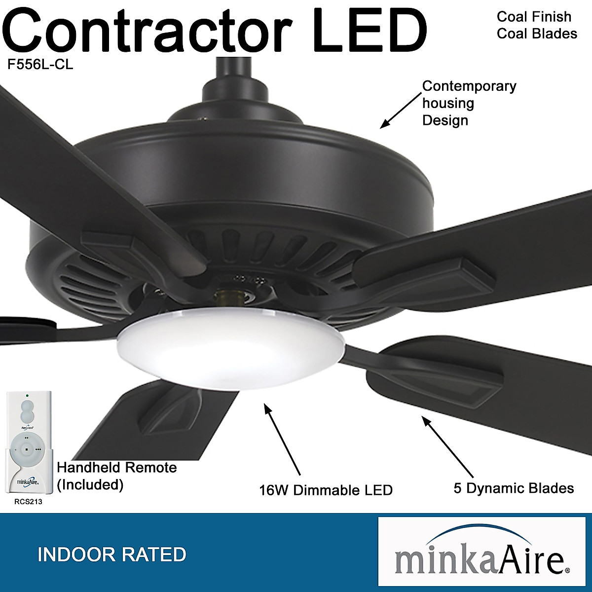 Minka-Aire F556L-CL Contractor Plus 52 Inch Ceiling Fan with Integrated 16W LED Light in Coal Finish