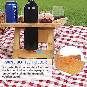 Livoccur Portable Wine Picnic Table, Folding Bamboo Snack Table with Wine Bottle and Glass Holder for Camping, Beach, Park, Ideal Wine Lover Gift
