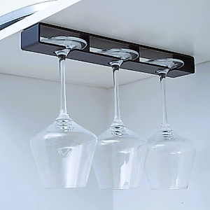 NIYUPE Wine Glass Rack Hanger Under Cabinet Holder Stemware Shelf Black for Home Kitchen Bar - 2 sets of cup hangers with rounded slots to prevent cups from slipping