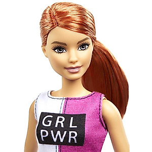 Barbie Doll, Red-Haired Fitness Doll with Puppy & 9 Accessories Including Yoga Mat with Strap, Hula Hoop, Weights & Bag