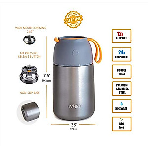 IVMET 3-Piece Lunch Bag Kit Insulated Bento Lunch Box Food Jar Vacuum Stainless Steel thermos with Spoon Leak Proof Hot Cold for Kids Adults School Office Picnic Travel Outdoors (Grey, 24 oz / 730 ml)