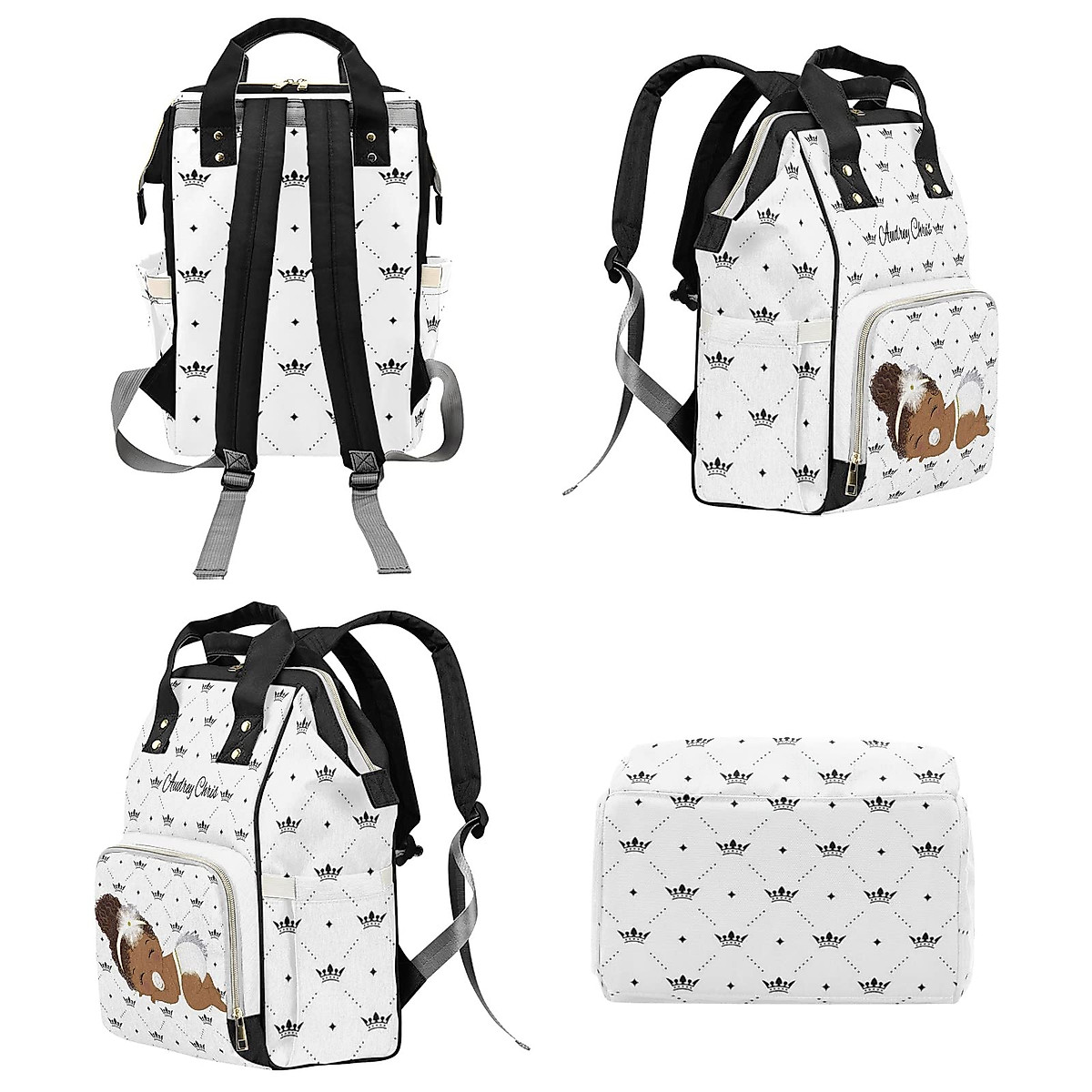 Afro American Girls Retro Crowns Personalized Diaper Backpack with Name,Custom Travel DayPack for Nappy Mommy Nursing Baby Bag One Size