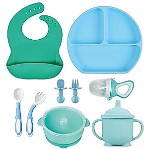 VaBa Du Baby Feeding Set - 10-Pack - Easy Baby Led Weaning - Adjustable Bib, Food Feeder, Utensils, Dish & Suction Bowl with Lid, and Sippy Cup