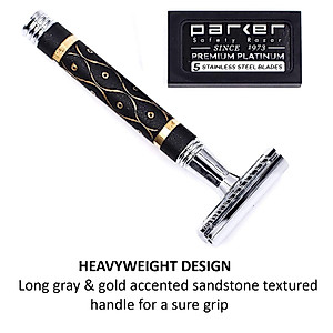 Parker, 65R Super Heavyweight Gray and Gold Double Edge Safety Razor & 5 Parker Blade Refills