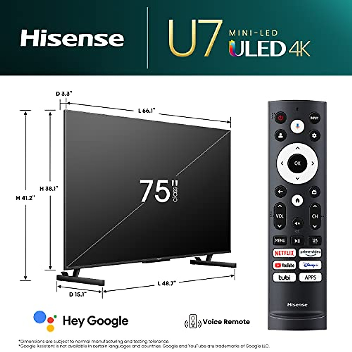 Hisense 75-Inch Class U7 Series Mini-LED ULED 4K UHD Google Smart TV (75U7K, 2023 Model) - QLED, Native 144Hz, 1000-Nit, Dolby Vision IQ, Full Array Local Dimming, Game Mode Pro, Alexa Compatibility