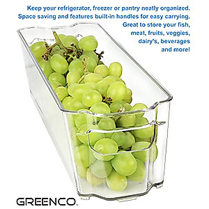 Greenco Clear Stackable Organizer Containers with Handles for Refrigerator Freezer Pantry Cabinets, Narrow Storage Bins for Kitchens, Bathrooms, and Closets, 14.5" x 3.5" x 3.75"