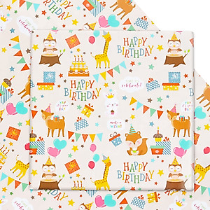 Birthday Wrapping Paper for Baby Kids Boys Girls, Animals Party Design Gift Wrapping Paper, Cute Animals 7 Sheets Folded Flat 20x28 inches per Sheet for Baby Shower Birthday Party