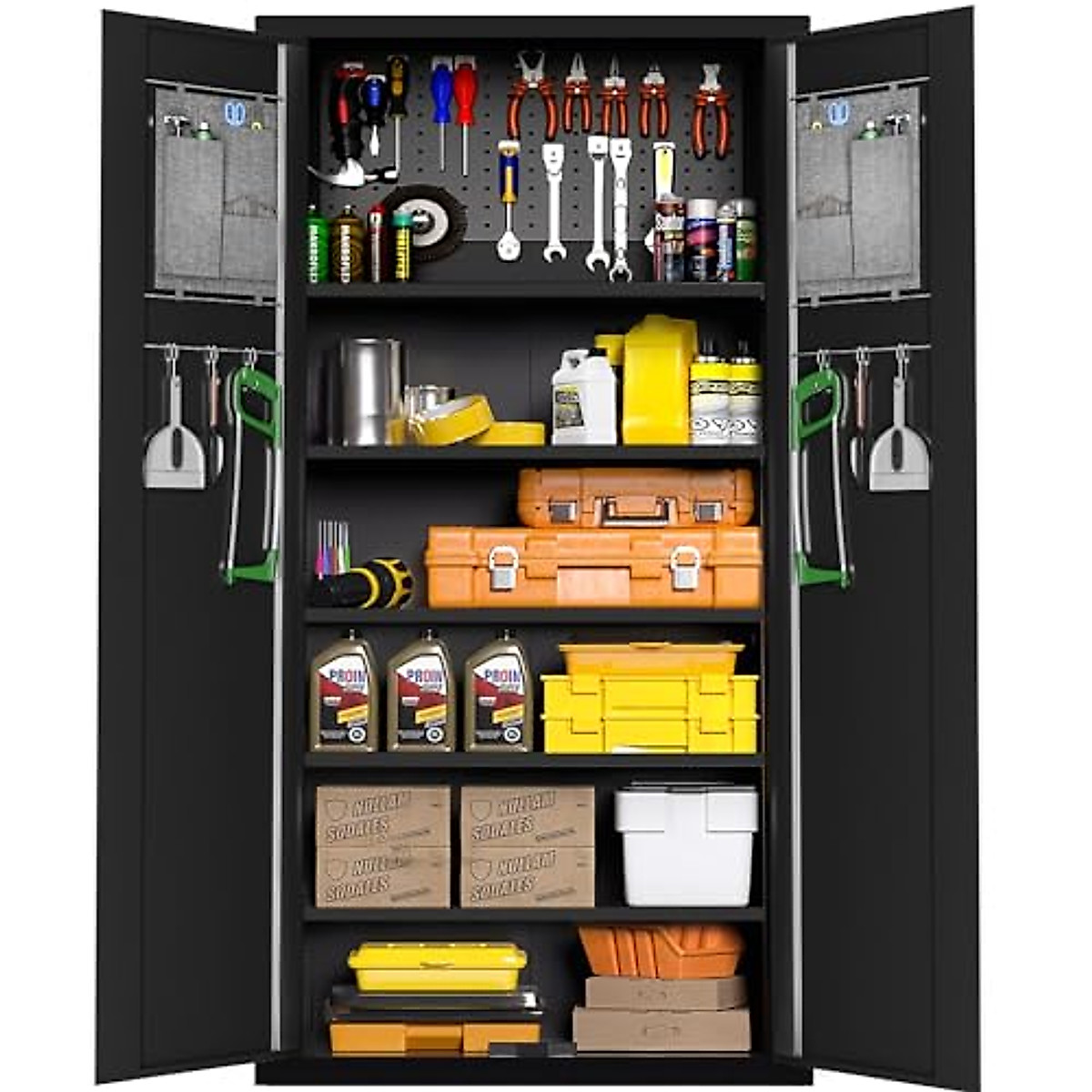 INTERGREAT 6-Tier Metal Garage Cabinet with Locking Door,Tall Muti-Functional Lockable Storage Cabinet with Lock and Pegboard,Black Steel Tool Cabinets with 5 Adjustable Shelves