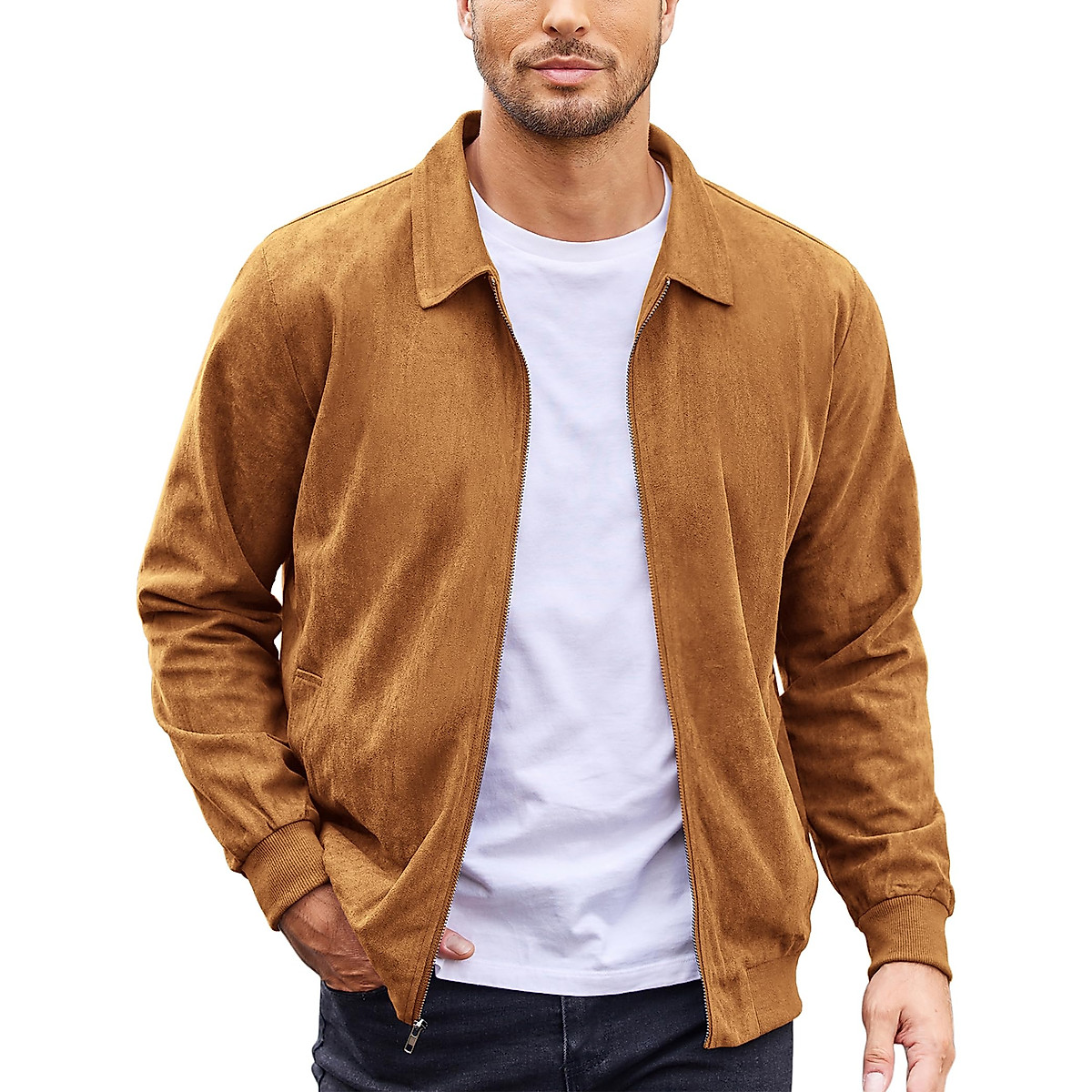 COOFANDY Men's Faux Suede Jacket Lightweight Softshell Flight Bomber Jacket