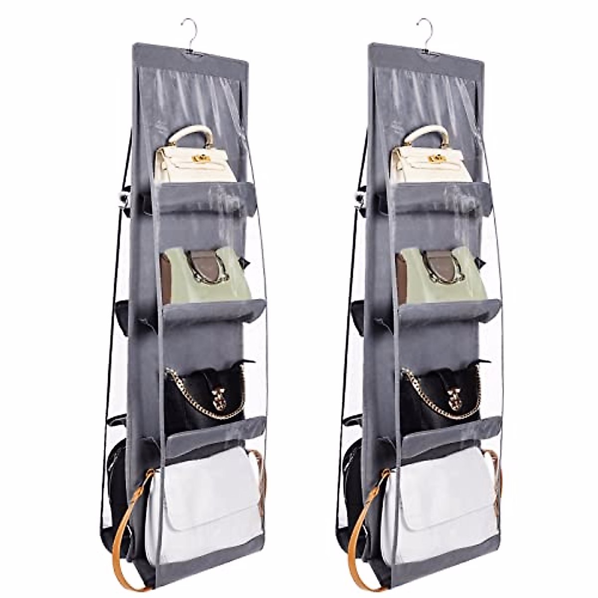 Ceuku Hanging Handbag Organizer 2 Pcs Hanging Purse Organizer with 8 Easy Access Pockets Dustproof Hanging Bag Organizer for Purse Handbag, Purse Organizer for Closet Space Saving Grey 46” L x 13.8” W