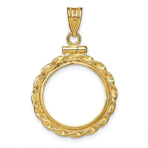 Roy Rose Jewelry Gold Coin Bezel Mounting | 1/10 oz. American Eagle Coin | 16.5mm Coins | Screw Top | Twisted Ribbon, Beaded, Rope Border Fancy Bezel Frames | Solid 14K Gold