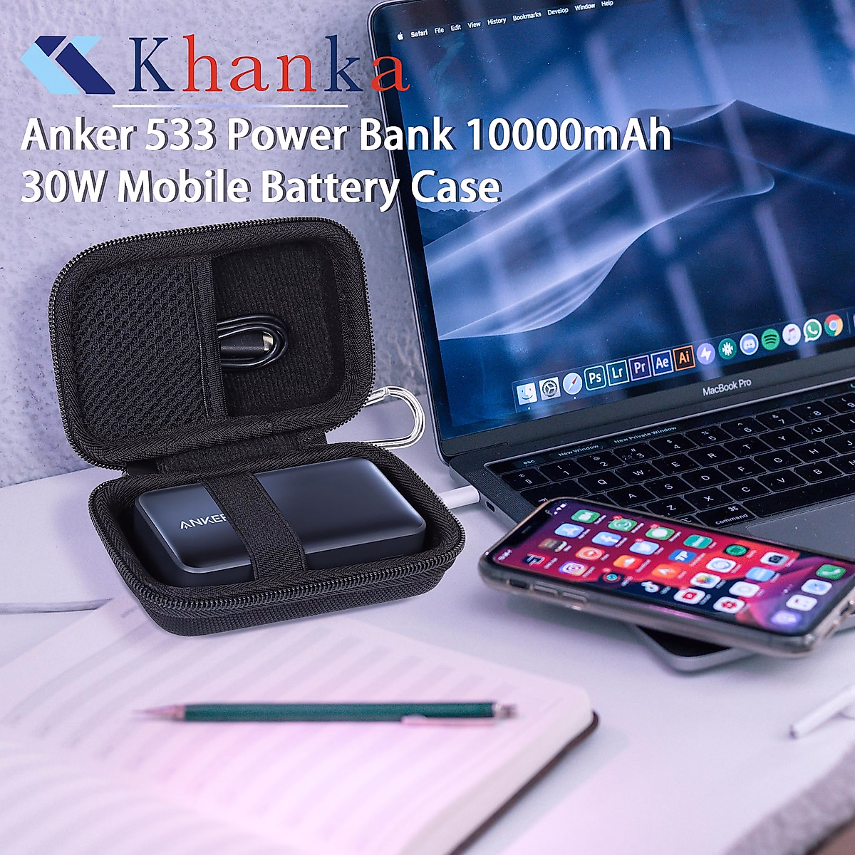 khanka Hard Travel Case for Anker 3-in-1 Fast Charging Charger with Built-in USB-C Cable/Anker 533 Power Bank/Anker Nano Power Bank,10000mAh Portable Charger (PD 30W max. Leistung),Case Only(Black)