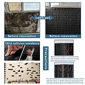 Sodeno 10 PCS Black 3D Wall Panels, 14.5 sq.feet Coverage, Printable Wallpaper Sticker with Self-Adhesive Waterproof Brick PE Foam Wall Panels Peel and Stick for Interior Wall Decor, Home Decoration