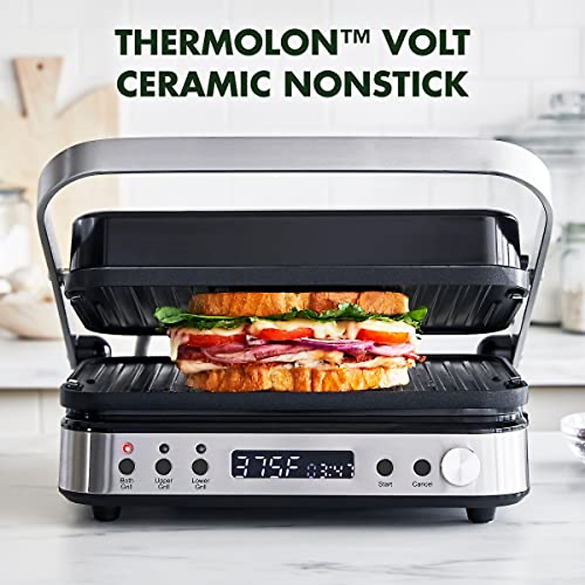 GreenPan Electric Indoor Stainless Steel 6-in-1 Contact Grill and Griddle, Healthy Ceramic Nonstick, Dishwasher Safe Reversible Plates, PFAS-Free