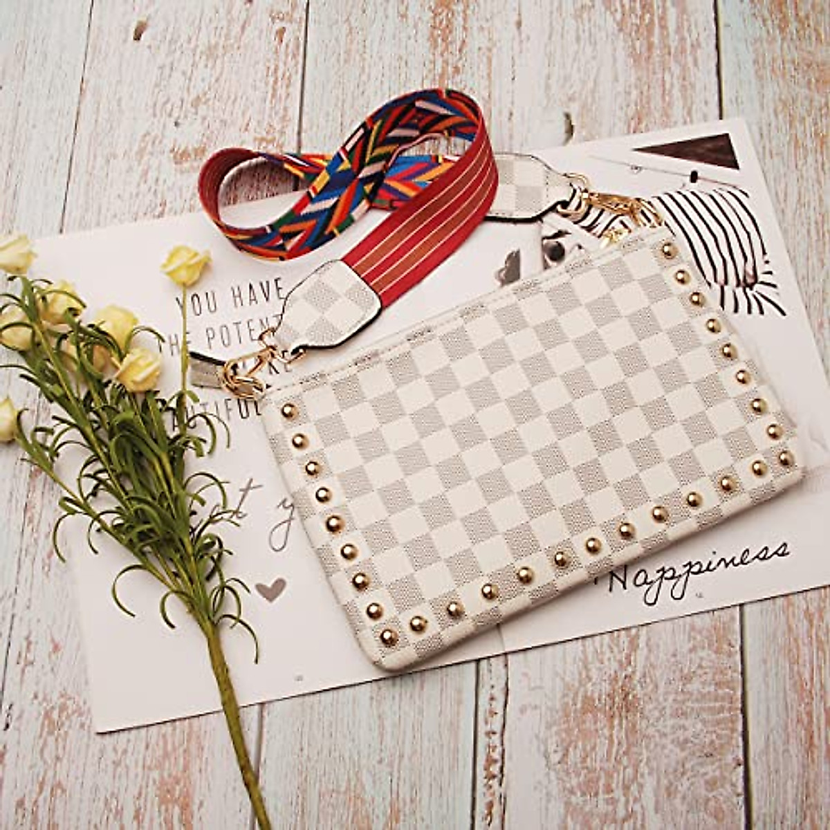 OANEXX Leopard Cheetah Print Crossbody Bag for Women Small Envelope Evening Clutch with Guitar Strap Gold Chain Leopard Purse (Beige Plaid)