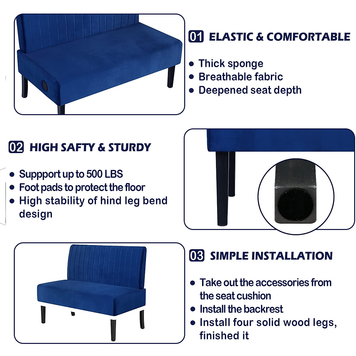 STHOUYN Mini Small Comfy Couch Armless Loveseat Sofa for Bedroom with USB Port, Velvet Small Couches for Small Spaces Living Room, Apartment Office Dorm (Navy Blue)