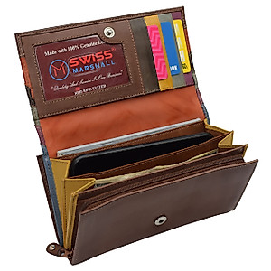 Swiss Marshall Womens Wallet RFID Blocking Genuine Leather Large Capacity Clutch Purse Smartphone Wallet Credit Card Holder (Multicolor)