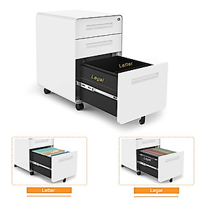 Bonnlo 23.8" H 3 Drawer Rolling File Cabinet with Lock, Mobile File Cabinet Under Desk with Pencil Tray, White Locking File Cabinet for Home Office, Metal Filing Cabinet Printer Stand Fully Assembled