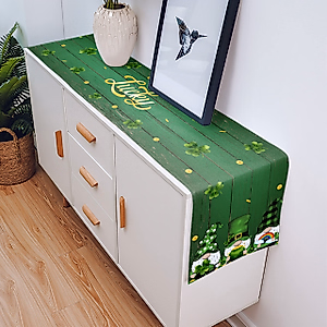 Flyart St Patricks Day Table Runner, Spring Green Gnome Shamrock Decor Table Runners for Kitchen Dining Coffee Home Wedding Parties, Holiday Burlap Table Runners for St Patrick Decor (13x36 inch)