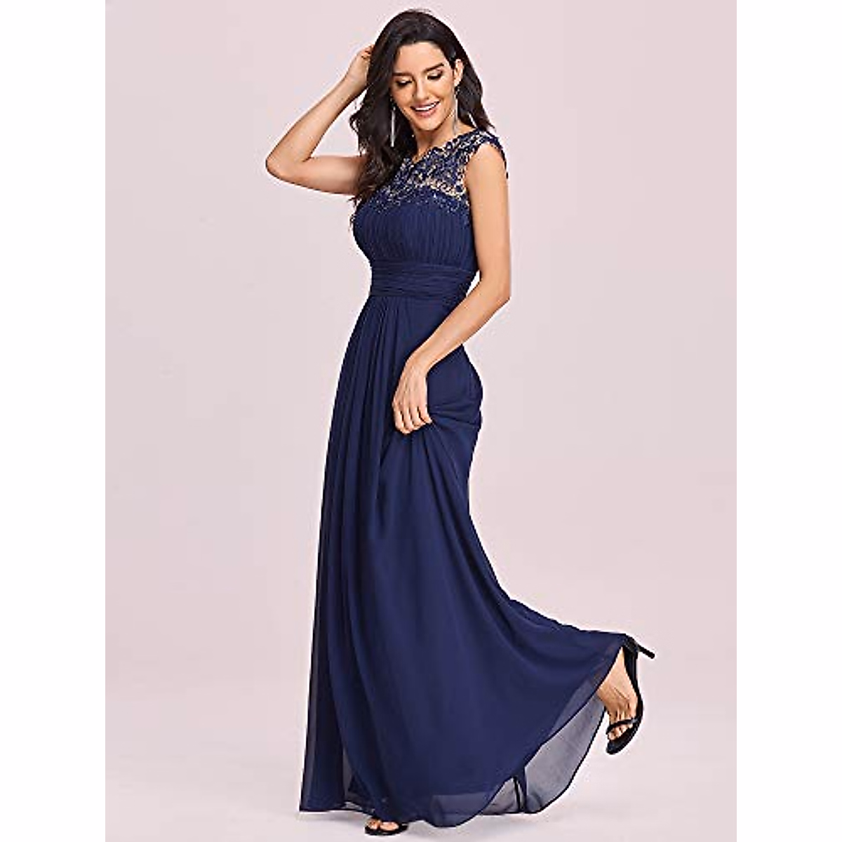 Ever-Pretty Maxi Long Chiffon Wedding Guest Dresses for Women Lace Formal Dresses Navy Blue US18