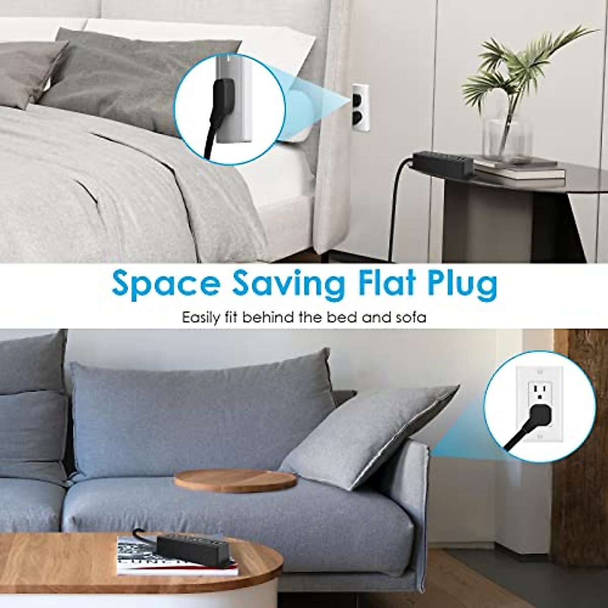 JUNNUJ Thin Flat Plug Power Strip 3 Outlet, Wall Mount Outlet 1200J Surge Protector Slim Outlet Wall Plug with 2 USB Ports, Ultra Plug Thin Socket with 5ft 45 Degrees Right Angle Flat Plug Cord