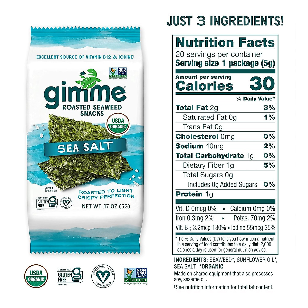 gimMe Organic Roasted Seaweed Sheets, Sea Salt, Keto, Vegan, Gluten Free, Great Source of Iodine and Omega 3’s, Healthy On-The-Go Snack for Kids & Adults, #1 Sea Salt, 0.17 Ounce (Pack of 20)