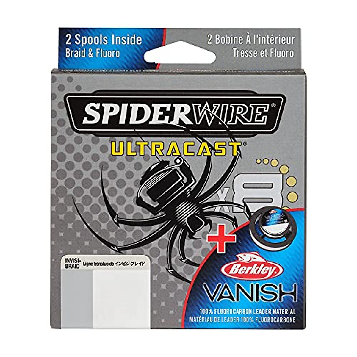 SpiderWire Ultracast Braid Vanish Fluorocarbon Dual Spool, 30lb Translucent Braid with 50lb Clear Fluoro Leader, 164yd | 150m