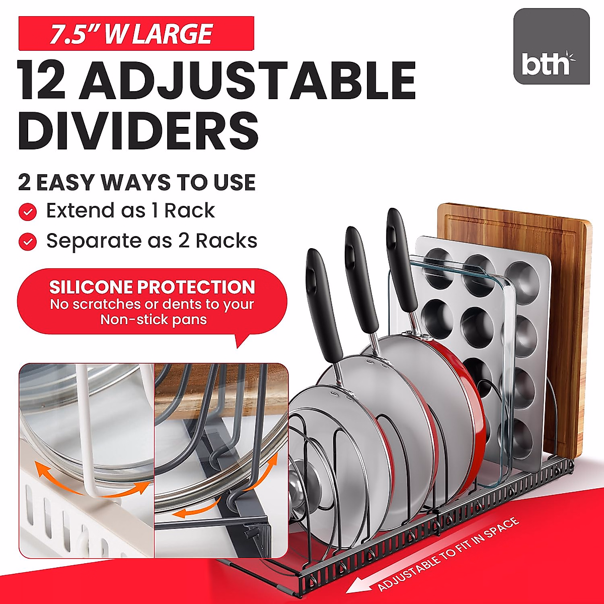 Better Things Home Expandable Pot and Pan Organizer Rack for Cabinet, Pot Lid Organizer Holder with 10 Adjustable Dividers, Anti-Scratch Padding - For Baking Sheet Organizer, Frying Pan Storage (Grey)