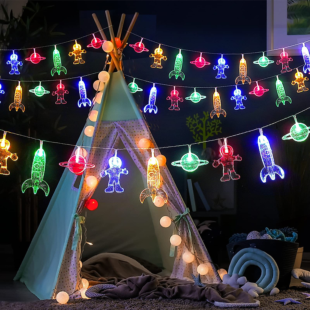 20 LED Children's Room LED String Light Astronaut Spaceship Rocket Pendants Holiday Party Lights Wall Window Nursery or Kids room Decor Wedding Around the Garden Party Patio Christmas (multicolour)
