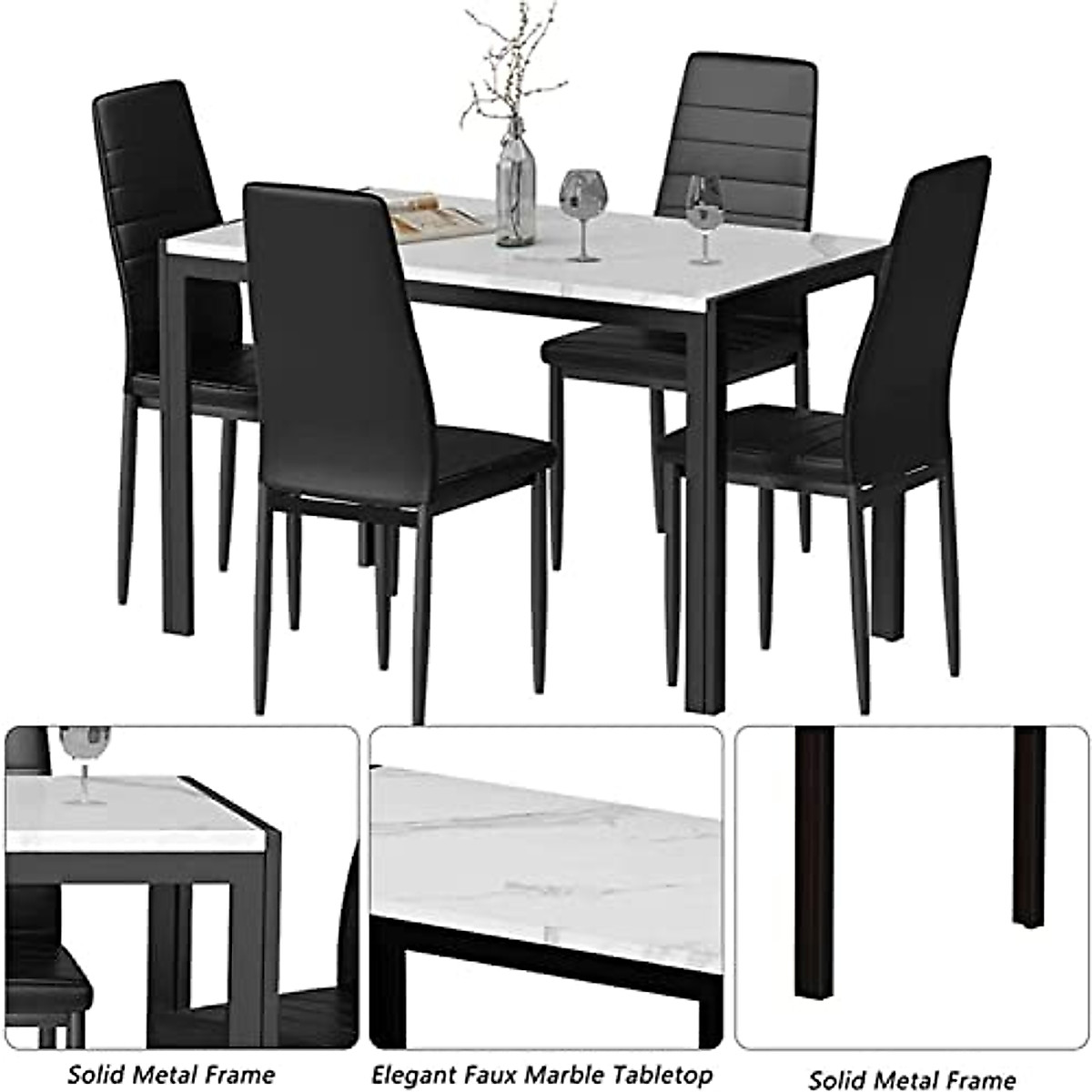 DKLGG 5 Piece Dining Room Table Set, Modern Kitchen Table Set for 4, Faux Marble Dinner Table with 4 Dining Chairs, Dining Table Sets for 4 Home Furniture for Small Spaces, Dining Room