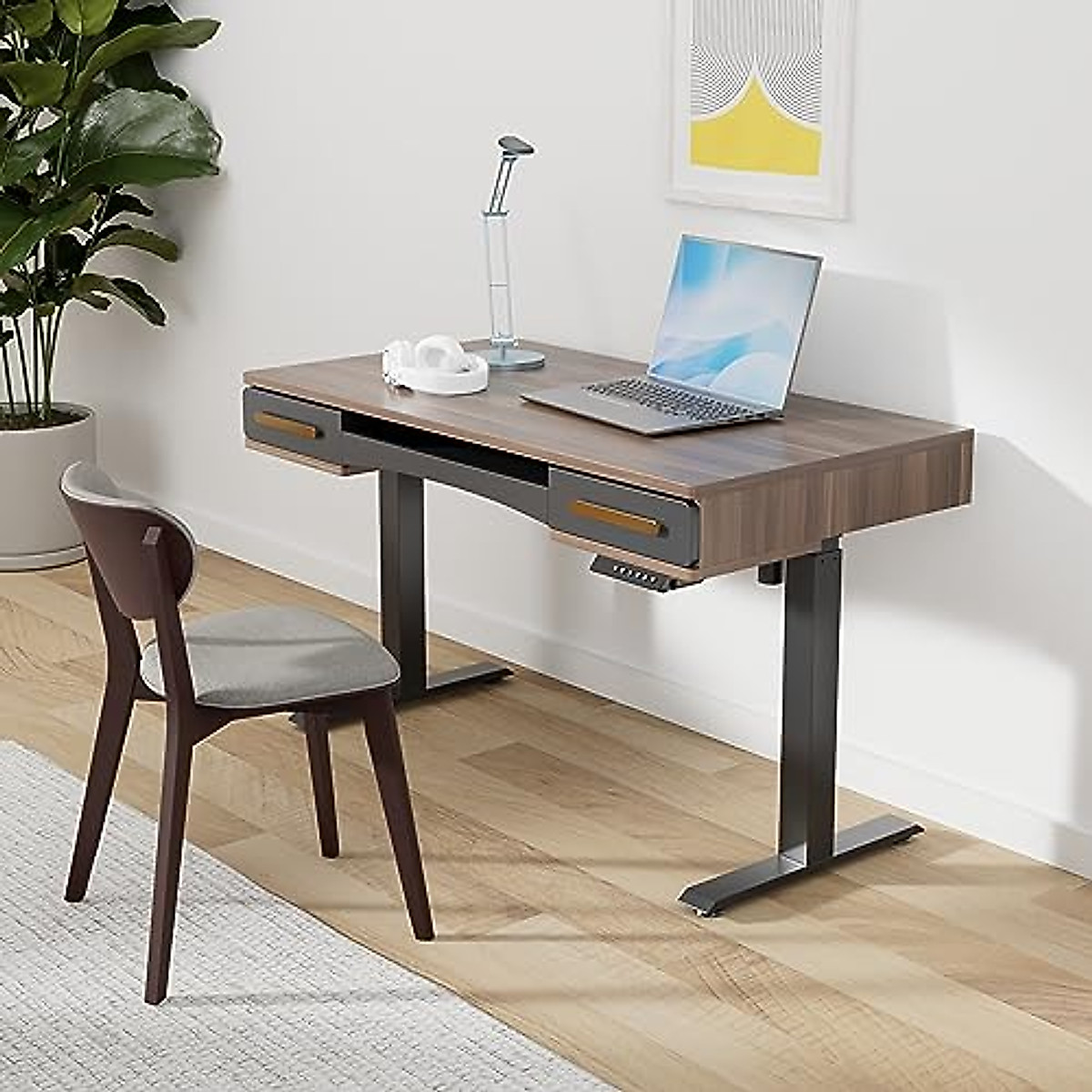 BANTI 48" x 26" Electric Standing Desk, Mid-Century Modern Desk with 3 Drawers, Stand Up Home Office Desks, Vintage Top