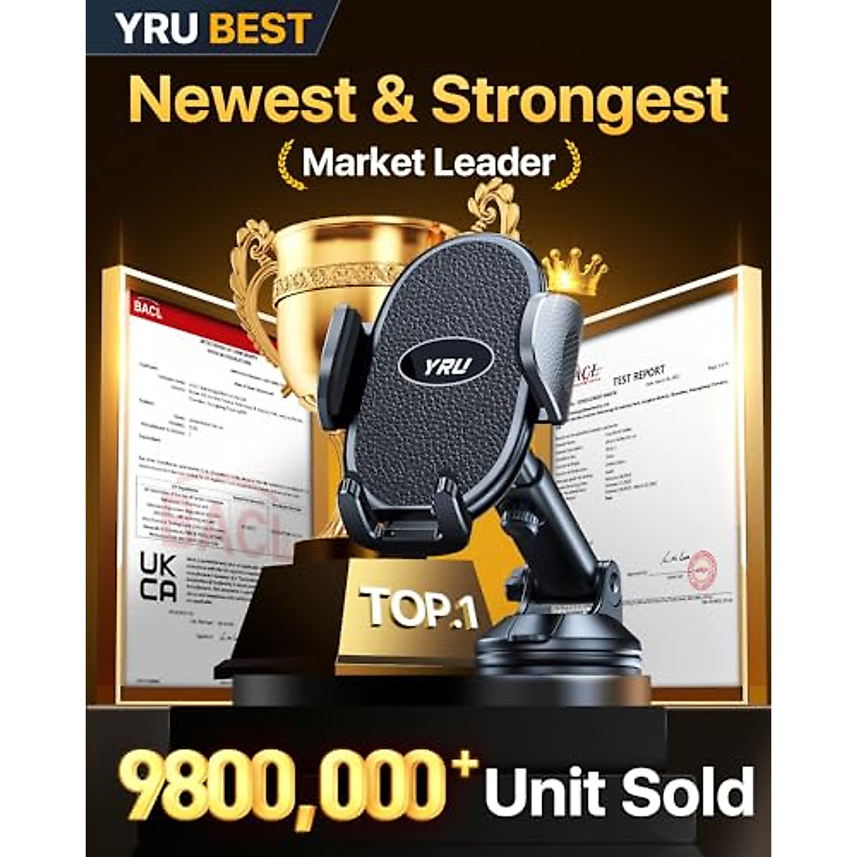 YRU [2024 Upgraded] Universal Car Phone Holder Mount【 360° Rotatable &Strong Suction】 Cell Phone Holder for Car Dashboard Windshield Phone Holder Dash Stand for iPhone 15 14 13 Samsung Truck, Black