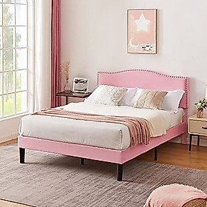 VECELO Full Bed Frame Platform Bed Frame with Upholstered Headboard, Strong Frame and Wooden Slats Support, Strong Weight Capacity, Non-Slip and Noise-Free, Easy Assembly,Pink