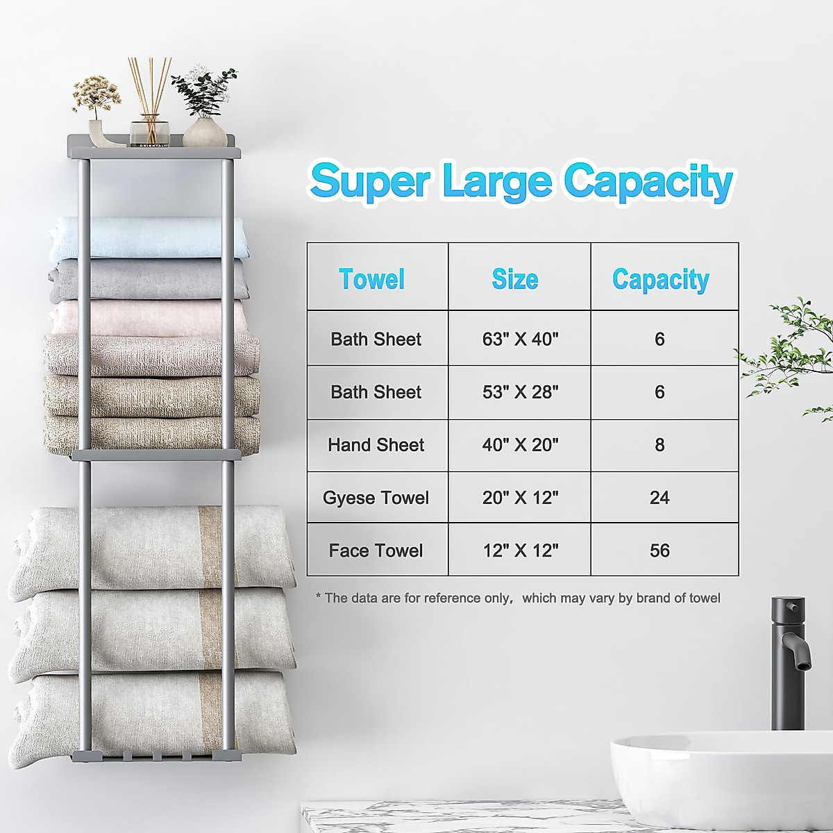 Liuoud Towel Rack For Bathroom, Wall Mounted Bath Towel Holder Storage Organizer For Rolled Towels, Vertical Towel Rack With Shelf Can Holds Up 6 Large Bath Towel, Silver Grey