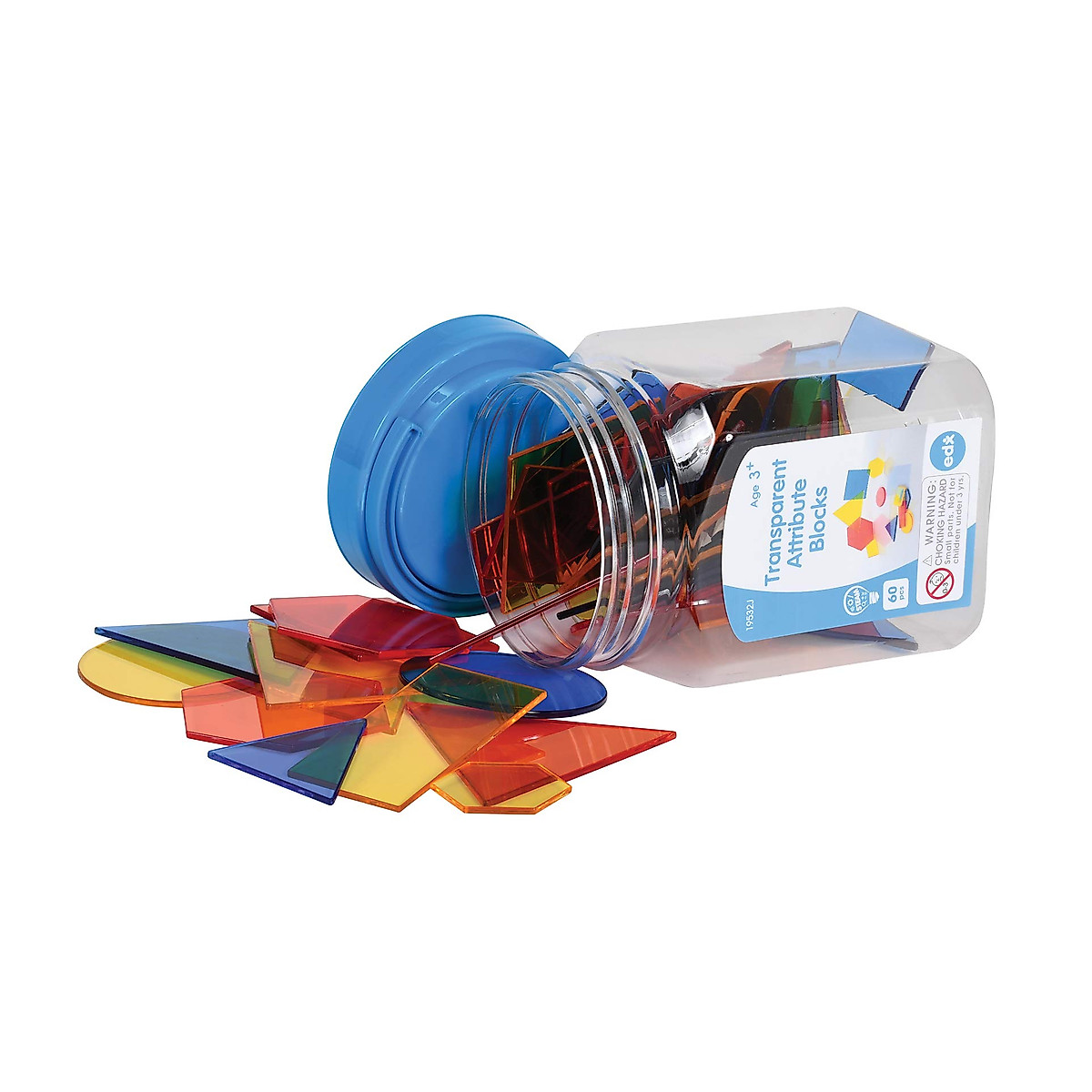 edxeducation Transparent Attribute Blocks - Mini Jar Set of 60 - Colorful, Plastic Shapes - Light Box Accessory - Sensory Play - Math Manipulative for Kids