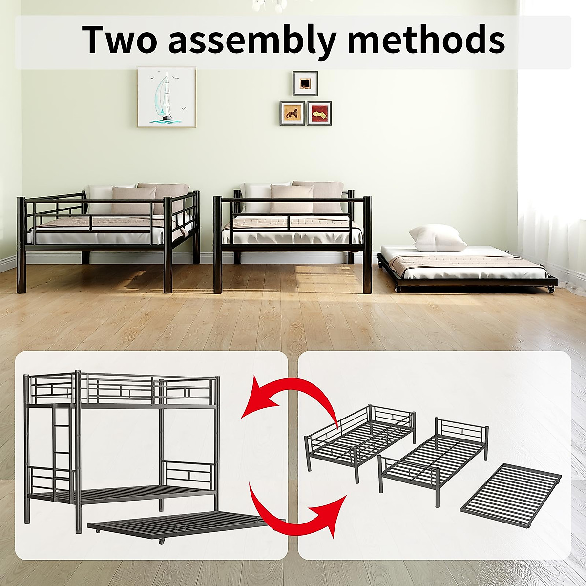 QSOSTNS Twin Over Twin Bunk Bed with Trundle, Heavy Duty Bunk Beds Frame with Side Ladders Convertible Bunkbed with Safety Guard Rails, No Box Spring Needed (Black)