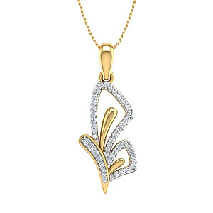 FINEROCK 1/5 Carat Butterfly Diamond Pendant Necklace in 10K Yellow Gold (Silver Chain Included) - IGI Certified