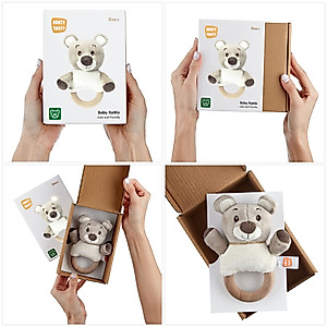 Donty-Tonty Premium Wood Baby Teether Rattle Toy Easter Gift Animals Soft Plush Shaker Toy with Natural Wooden Teething Ring Perfect Toddler, Newborn Boy, Girl Gifts for 0 3 6 9 12 Months - Grey Bear