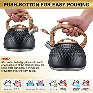 Tea Kettle, Black Stovetop Teapot, 2.7 Quart, Loud Whistle, Food Grade Stainless Steel and Smooth Wood Pattern Handle, Sophisticated Look for Hiking, Picnic, for Tea, Coffee, Milk
