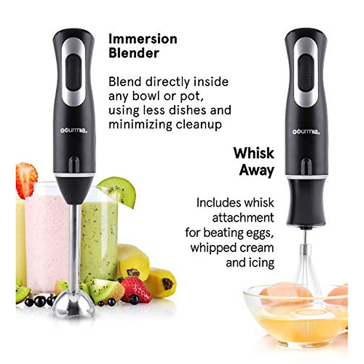 Gourmia GHB2360 12 Speed Illuminating Immersion Hand Blender with Turbo Mode - Comfortable Ergonomic Handle - Whisk Attachment Included - Integrated LED Spotlight - 300 Watt Motor - Black