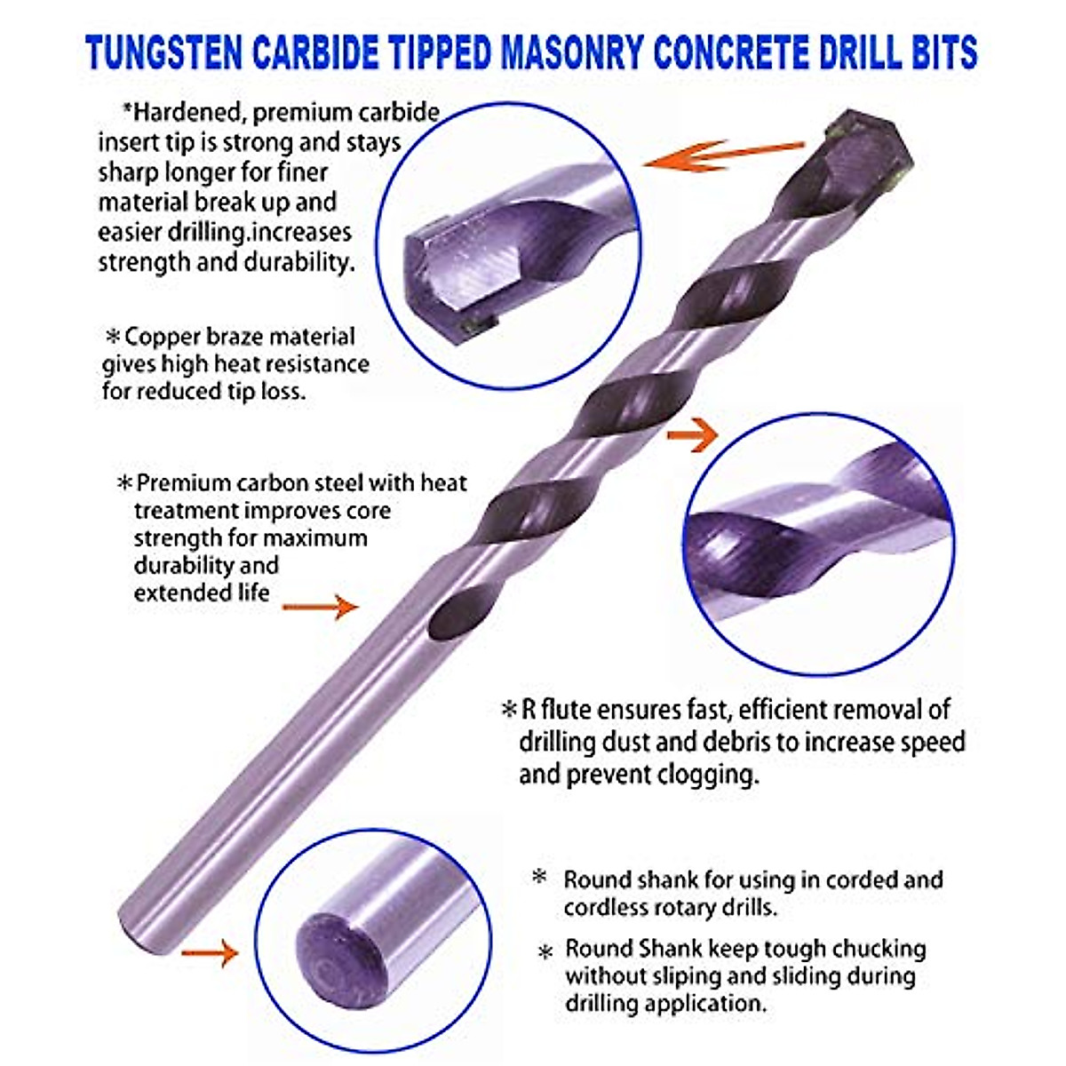 Masonry Drill Bit Set 3/8 in. Carbide Tip Black/White Drill Concrete Rock-5Pcs