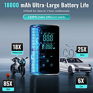 Tire Inflator Portable Air Compressor-Air Pump for Car-18000mAh Electric Air Compressor-Portable Air Pump Cordless-150 PSI Tire Pump with Touch Screen/Gauge/Light for Motorcycle, Bike, Ball(Black).