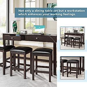 Merax 4-Piece Counter Height Bar Table Set with Socket and 2 Drawers, Mulitpurpose Rustic Bar Dining Table Set with 3 PU Leather Padded Stools, Espresso